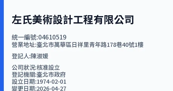 左氏美術設計工程有限公司的照片-統編 04610519(臺北市) 公司登記資料與營業項目詳細圖表