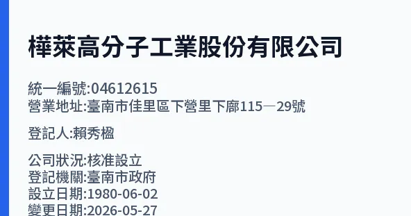 樺萊高分子工業股份有限公司的照片-統編 04612615(臺南市) 公司登記資料與營業項目詳細圖表