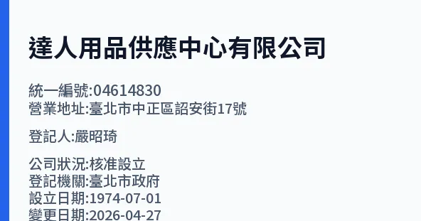 達人用品供應中心有限公司的照片-統編 04614830(臺北市) 公司登記資料與營業項目詳細圖表