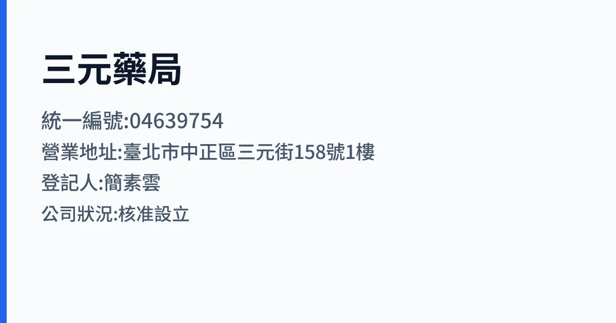 三元藥局 - 統編 04639754(臺北市) 公司登記資料與營業項目詳細圖表