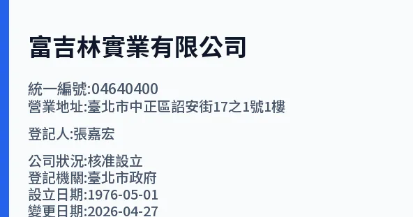 富吉林實業有限公司的照片-統編 04640400(臺北市) 公司登記資料與營業項目詳細圖表