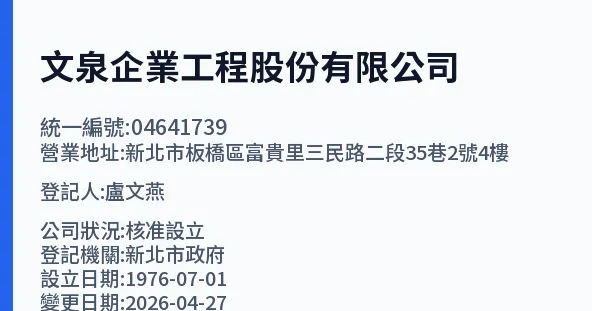 文泉企業工程股份有限公司的照片-統編 04641739(新北市) 公司登記資料與營業項目詳細圖表