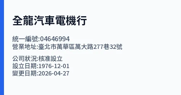 全龍汽車電機行的照片-統編 04646994(臺北市) 公司登記資料與營業項目詳細圖表
