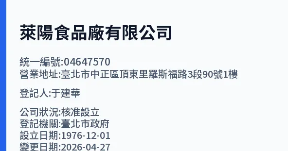 萊陽食品廠有限公司的照片-統編 04647570(臺北市) 公司登記資料與營業項目詳細圖表