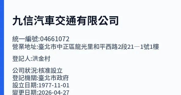 九信汽車交通有限公司的照片-統編 04661072(臺北市) 公司登記資料與營業項目詳細圖表