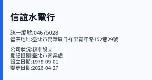 信誼水電行的照片-統編 04675028(臺北市) 公司登記資料與營業項目詳細圖表