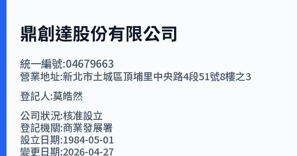 鼎創達股份有限公司的照片-統編 04679663(新北市) 公司登記資料與營業項目詳細圖表