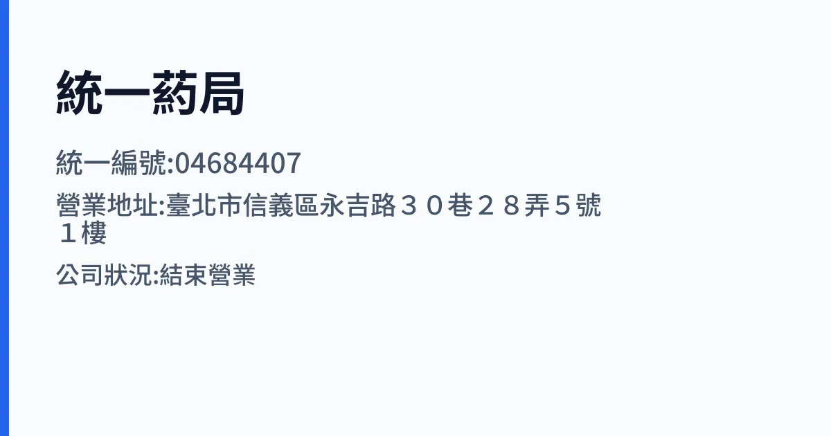 統一葯局 - 統編 04684407(臺北市) 公司登記資料與營業項目詳細圖表