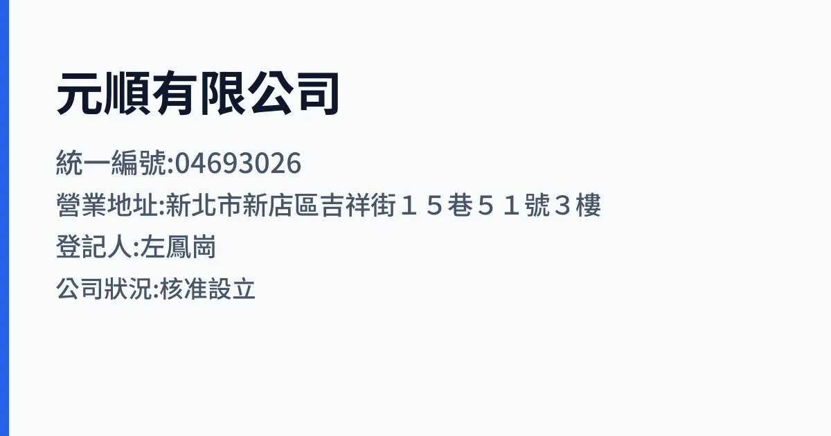元順有限公司 - 統編 04693026(新北市) 公司登記資料與營業項目詳細圖表