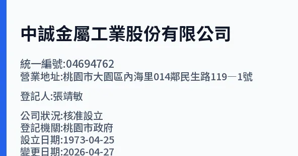 中誠金屬工業股份有限公司的照片-統編 04694762(桃園市) 公司登記資料與營業項目詳細圖表