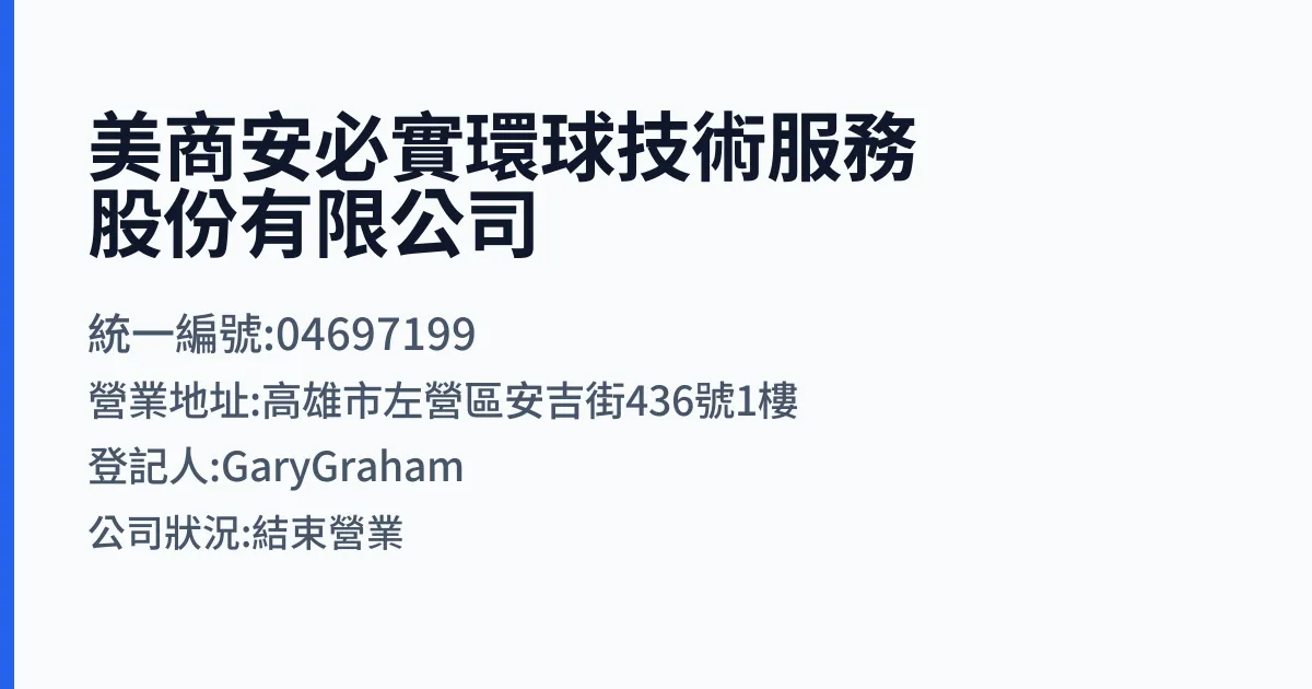美商安必實環球技術服務股份有限公司 - 統編 04697199(高雄市) 公司登記資料與營業項目詳細圖表