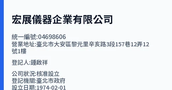 宏展儀器企業有限公司的照片-統編 04698606(臺北市) 公司登記資料與營業項目詳細圖表