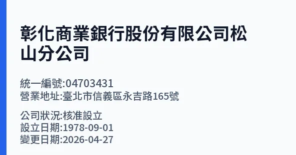 彰化商業銀行股份有限公司松山分公司的照片-統編 04703431(臺北市) 公司登記資料與營業項目詳細圖表