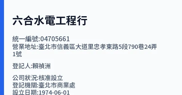 六合水電工程行的照片-統編 04705661(臺北市) 公司登記資料與營業項目詳細圖表