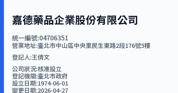嘉德藥品企業股份有限公司的照片-統編 04706351(臺北市) 公司登記資料與營業項目詳細圖表