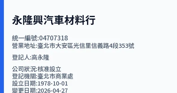 永隆興汽車材料行的照片-統編 04707318(臺北市) 公司登記資料與營業項目詳細圖表
