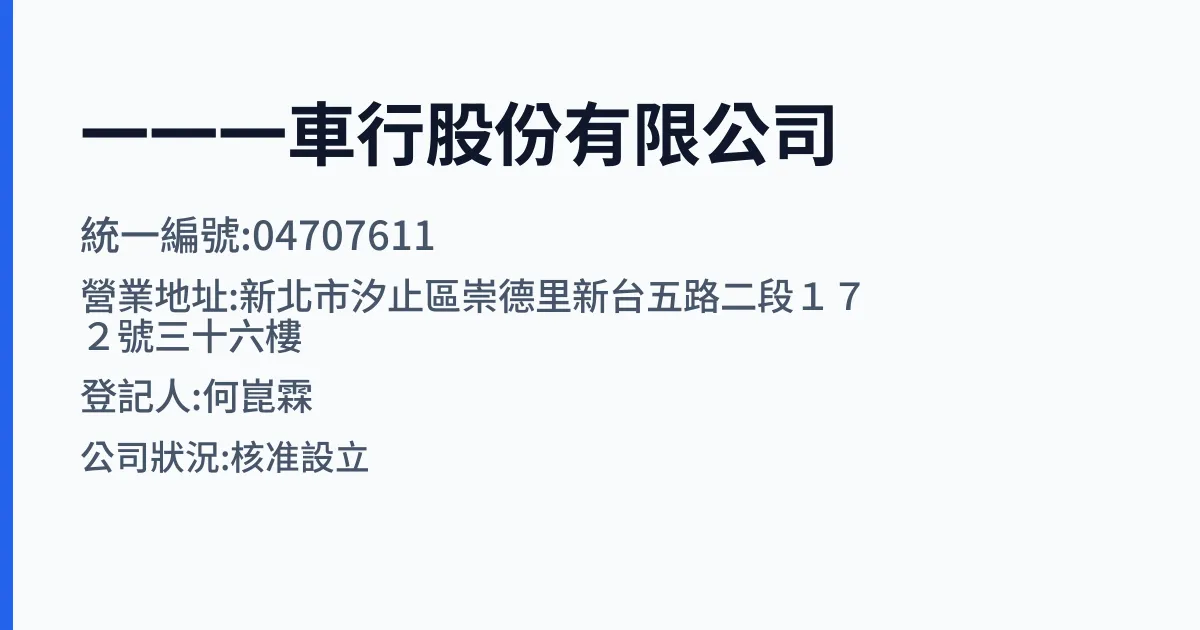 一一一車行股份有限公司 - 統編 04707611(新北市) 公司登記資料與營業項目詳細圖表