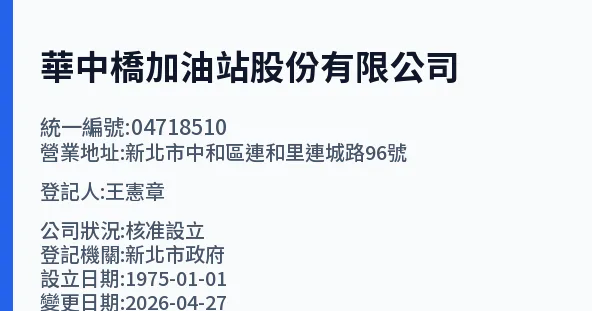 華中橋加油站股份有限公司的照片-統編 04718510(新北市) 公司登記資料與營業項目詳細圖表