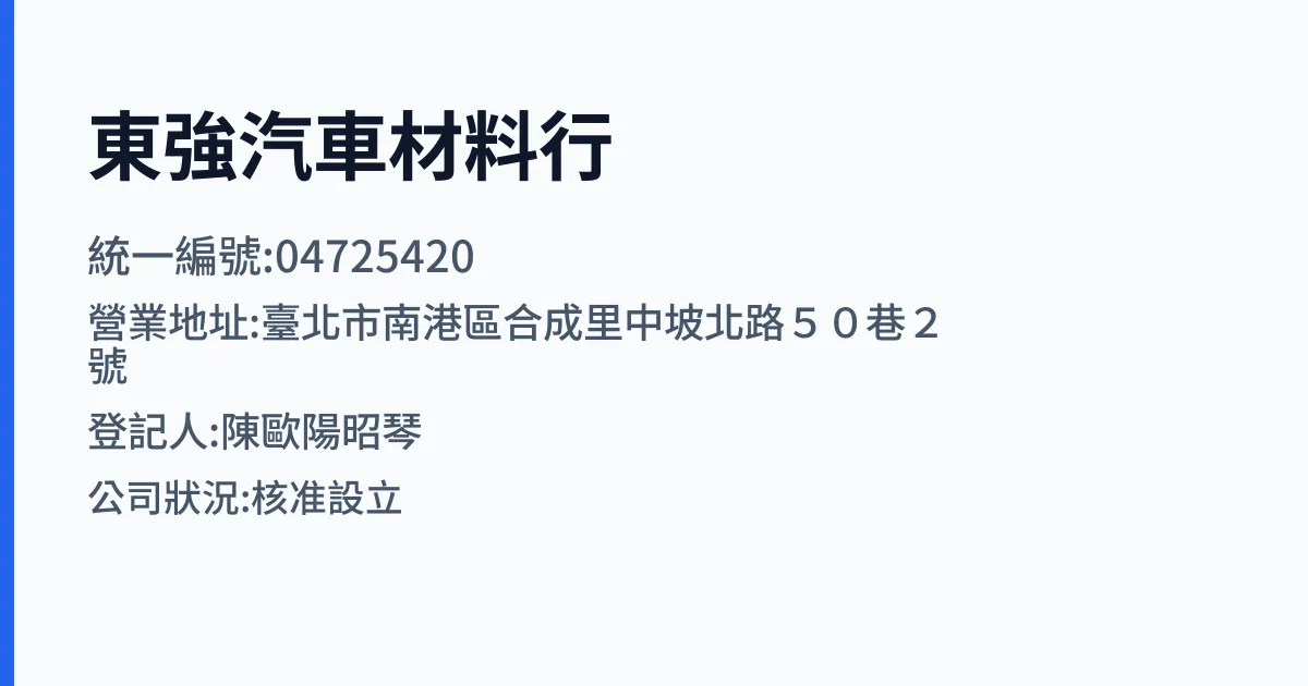 東強汽車材料行 - 統編 04725420(臺北市) 公司登記資料與營業項目詳細圖表