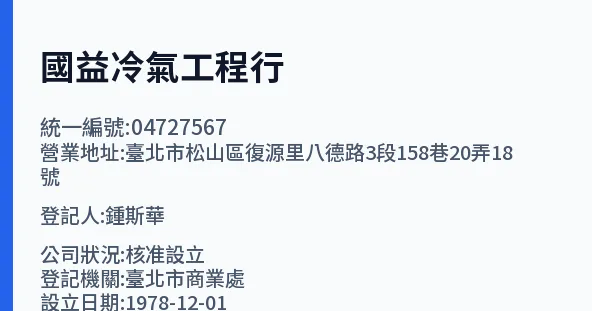 國益冷氣工程行的照片-統編 04727567(臺北市) 公司登記資料與營業項目詳細圖表