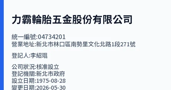 力霸輪胎五金股份有限公司的照片-統編 04734201(新北市) 公司登記資料與營業項目詳細圖表