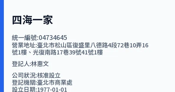 四海一家的照片-統編 04734645(臺北市) 公司登記資料與營業項目詳細圖表