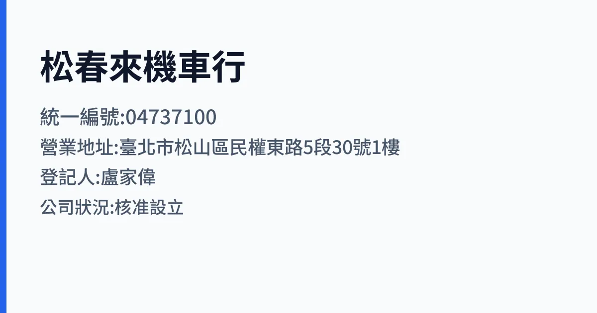 松春來機車行 - 統編 04737100(臺北市) 公司登記資料與營業項目詳細圖表