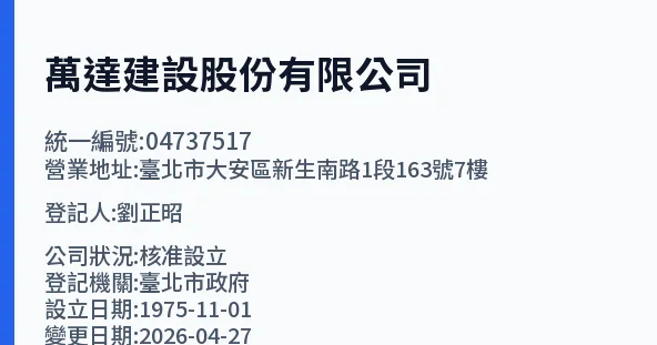 萬達建設股份有限公司的照片-統編 04737517(臺北市) 公司登記資料與營業項目詳細圖表