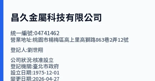 昌久金屬科技有限公司的照片-統編 04741462(桃園市) 公司登記資料與營業項目詳細圖表