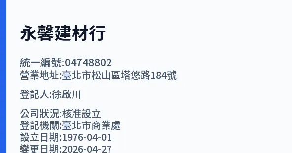 永馨建材行的照片-統編 04748802(臺北市) 公司登記資料與營業項目詳細圖表