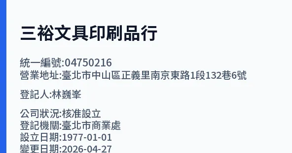 三裕文具印刷品行的照片-統編 04750216(臺北市) 公司登記資料與營業項目詳細圖表
