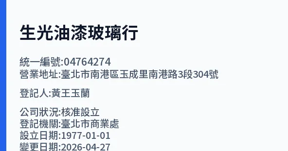 生光油漆玻璃行的照片-統編 04764274(臺北市) 公司登記資料與營業項目詳細圖表