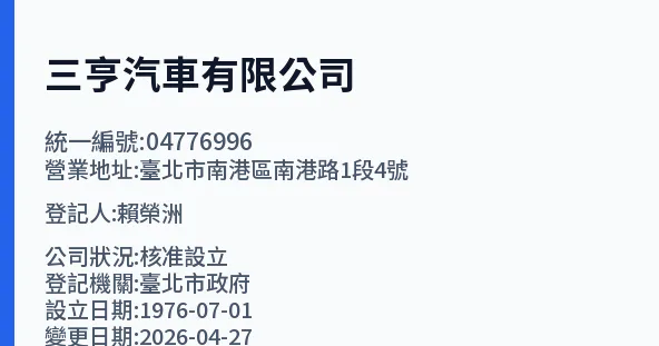 三亨汽車有限公司的照片-統編 04776996(臺北市) 公司登記資料與營業項目詳細圖表