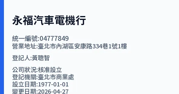 永福汽車電機行的照片-統編 04777849(臺北市) 公司登記資料與營業項目詳細圖表