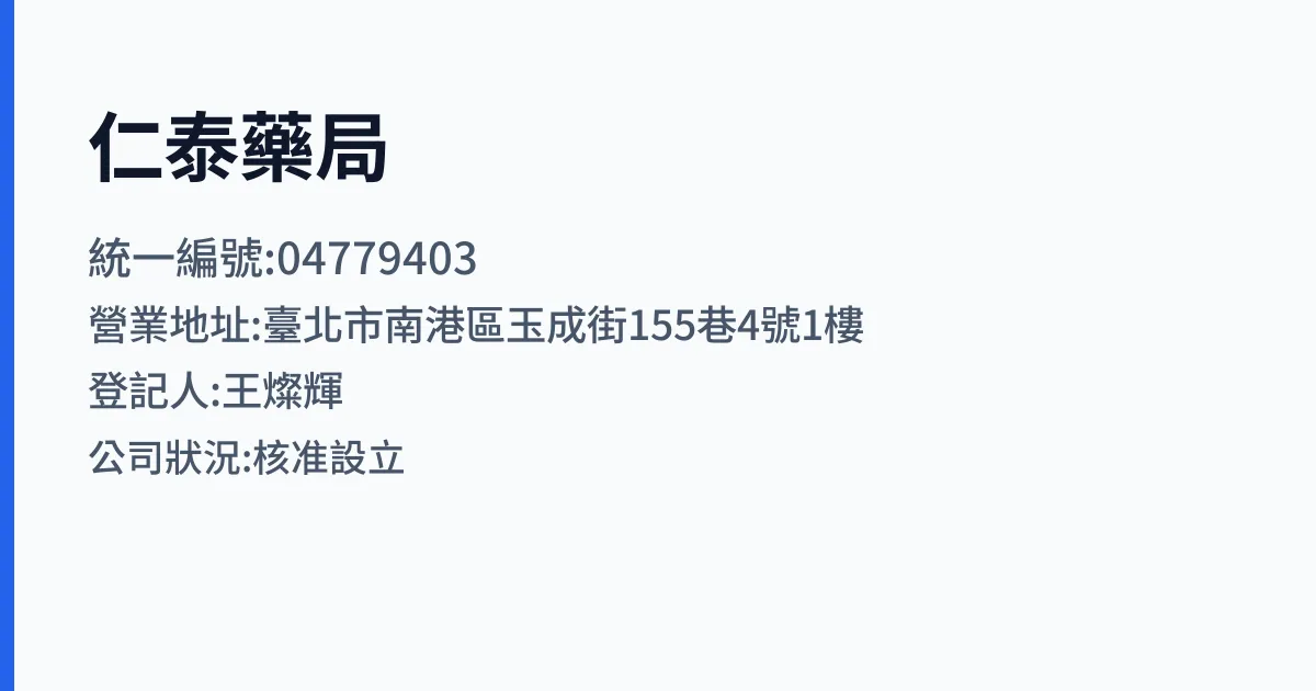 仁泰藥局 - 統編 04779403(臺北市) 公司登記資料與營業項目詳細圖表