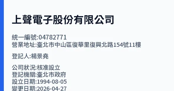 上聲電子股份有限公司的照片-統編 04782771(臺北市) 公司登記資料與營業項目詳細圖表