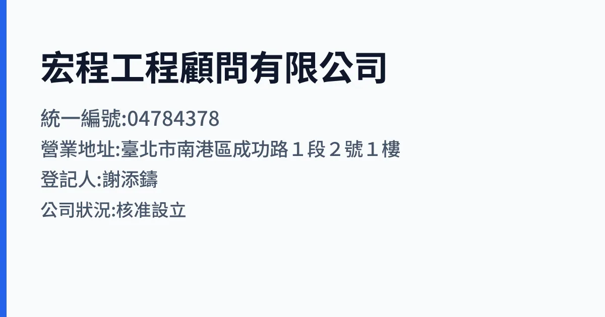 宏程工程顧問有限公司 - 統編 04784378(臺北市) 公司登記資料與營業項目詳細圖表