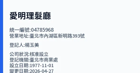 愛明理髮廳的照片-統編 04785968(臺北市) 公司登記資料與營業項目詳細圖表