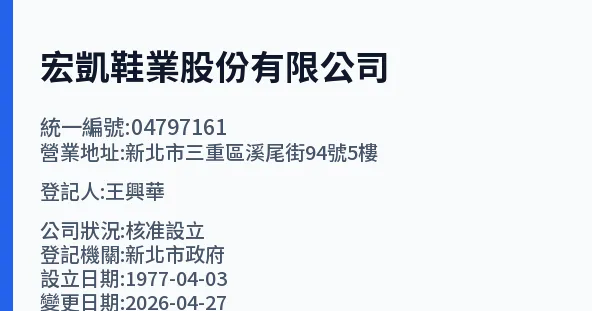 宏凱鞋業股份有限公司的照片-統編 04797161(新北市) 公司登記資料與營業項目詳細圖表