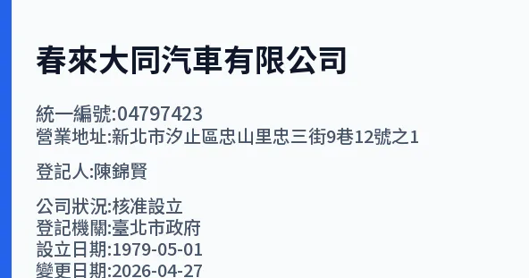 春來大同汽車有限公司的照片-統編 04797423(新北市) 公司登記資料與營業項目詳細圖表