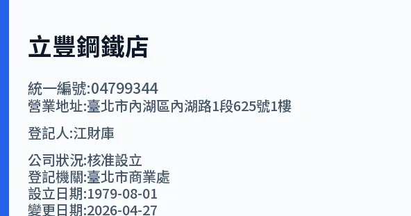 立豐鋼鐵店的照片-統編 04799344(臺北市) 公司登記資料與營業項目詳細圖表