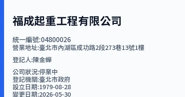 福成起重工程有限公司的照片-統編 04800026(臺北市) 公司登記資料與營業項目詳細圖表