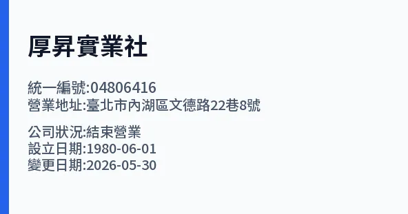 厚昇實業社的照片-統編 04806416(臺北市) 公司登記資料與營業項目詳細圖表