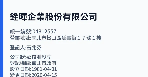 銓暉企業股份有限公司的照片-統編 04812557(臺北市) 公司登記資料與營業項目詳細圖表