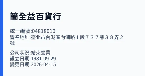簡全益百貨行的照片-統編 04818010(臺北市) 公司登記資料與營業項目詳細圖表