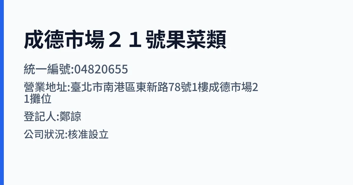 成德市場２１號果菜類 - 統編 04820655(臺北市) 公司登記資料與營業項目詳細圖表