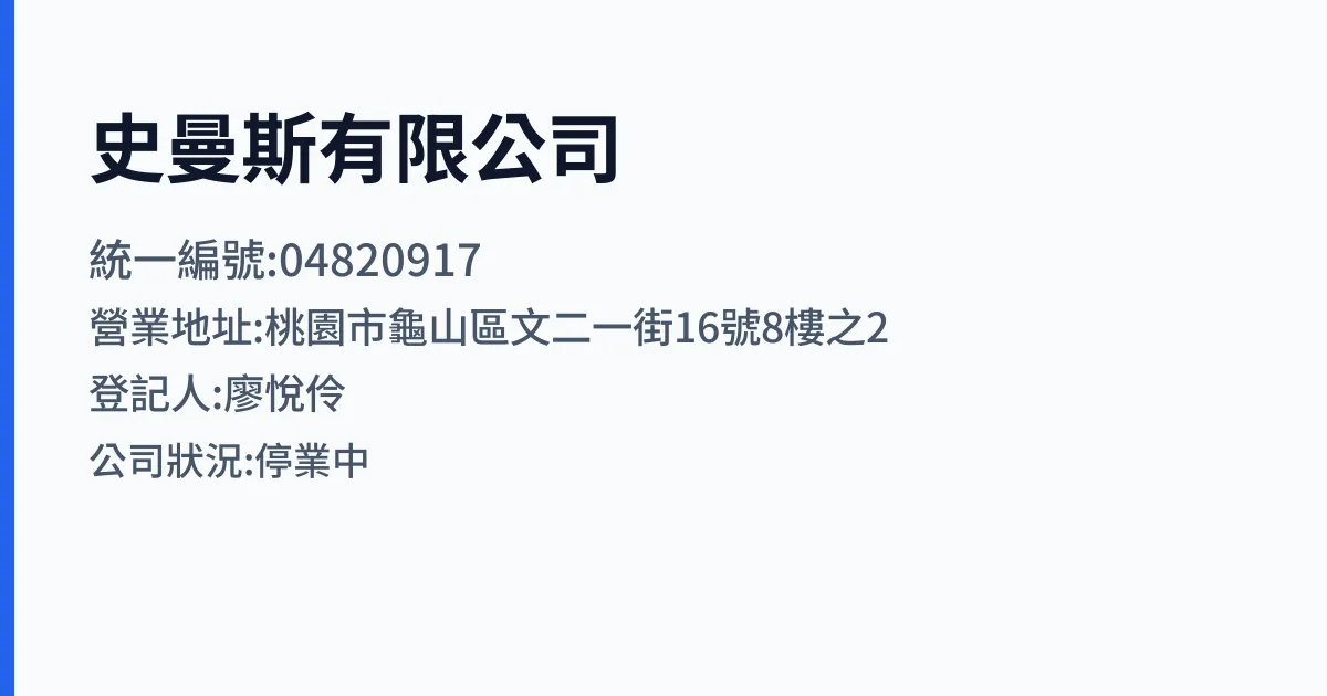 史曼斯有限公司 - 統編 04820917（桃園市） 公司登記資料與營業項目詳細圖表