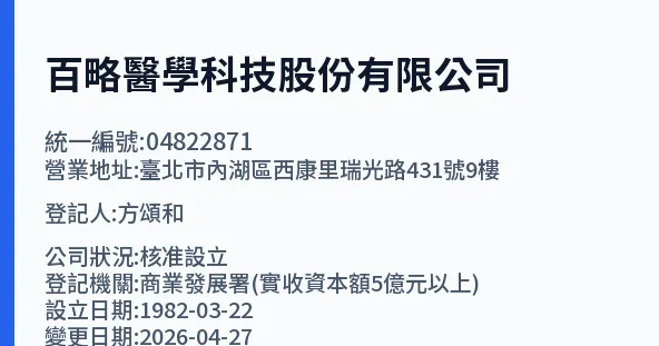 百略醫學科技股份有限公司的照片-統編 04822871(臺北市) 公司登記資料與營業項目詳細圖表