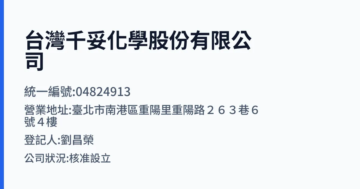 台灣千妥化學股份有限公司 - 統編 04824913(臺北市) 公司登記資料與營業項目詳細圖表