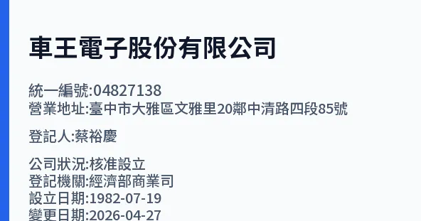 車王電子股份有限公司的照片-統編 04827138(臺中市) 公司登記資料與營業項目詳細圖表